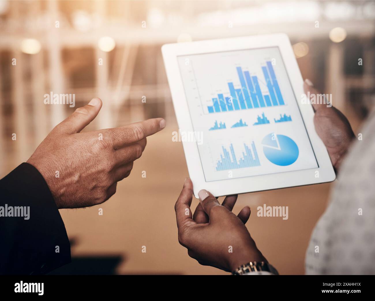 Hands, graphs and tablet for financial review strategy, data report and ...
