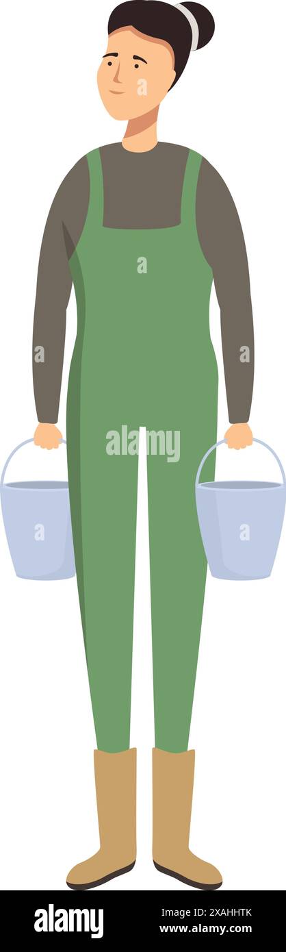 Young female farmer carrying two buckets filled with water or milk on ...