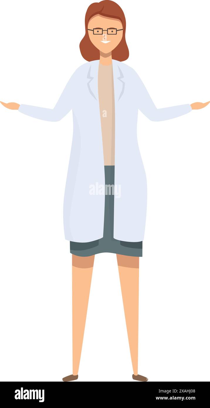 Female scientist wearing lab coat standing with open arms for ...