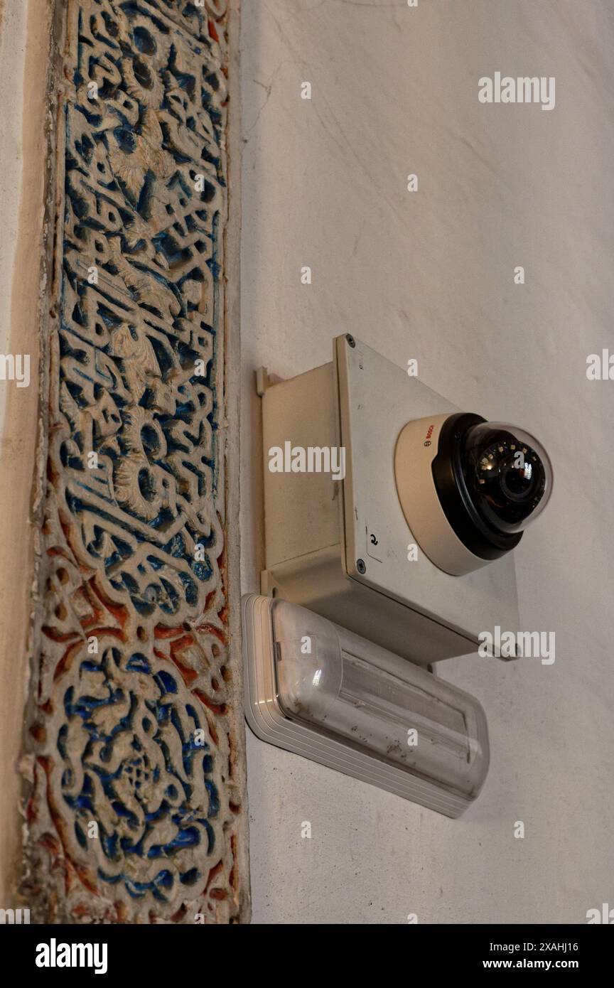 Security camera mounted on a wall with intricate carvings in the royal ...