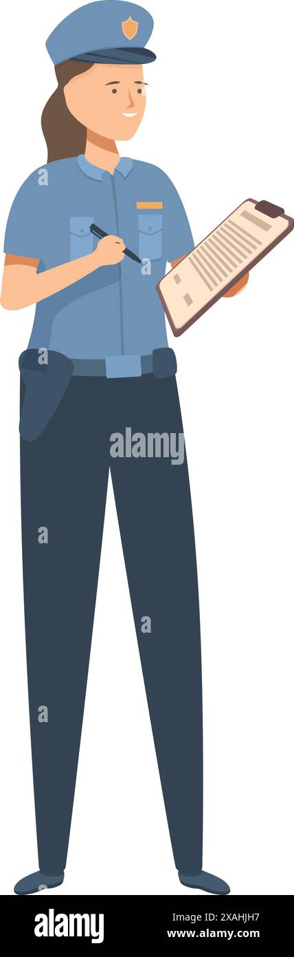 Police woman standing holding pen and taking notes on clipboard Stock ...