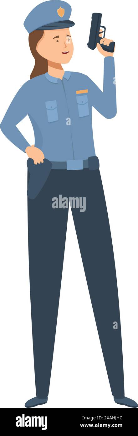 Confident female police officer holding gun standing guarding ...