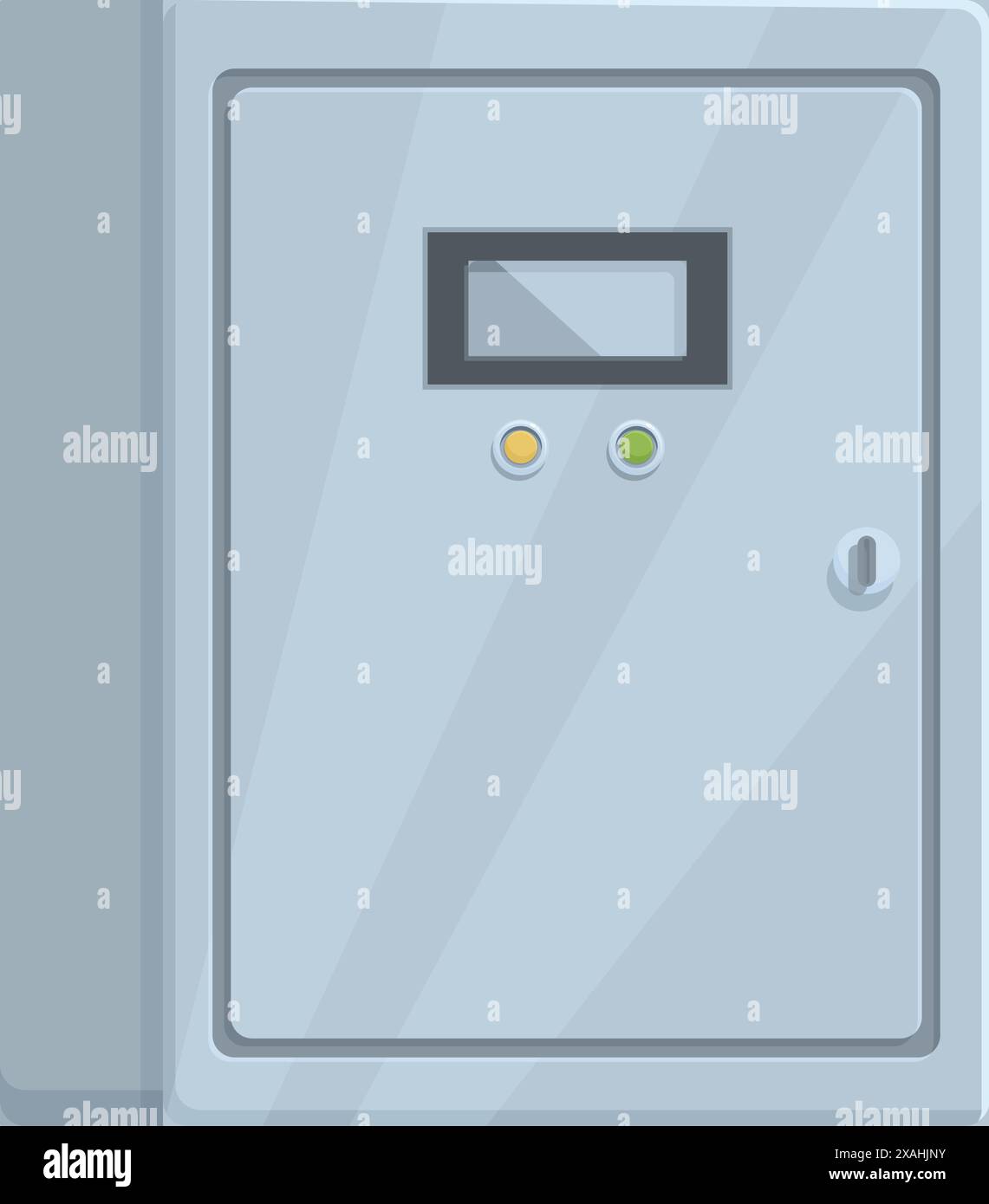 Grey metal electrical cabinet with display and indicators is mounted on ...