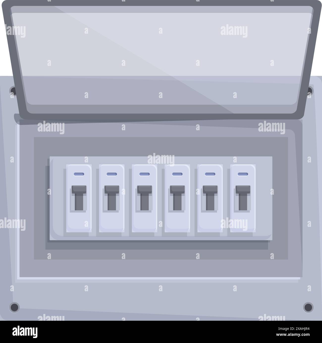 Open electrical panel showing circuit breakers for distributing and ...