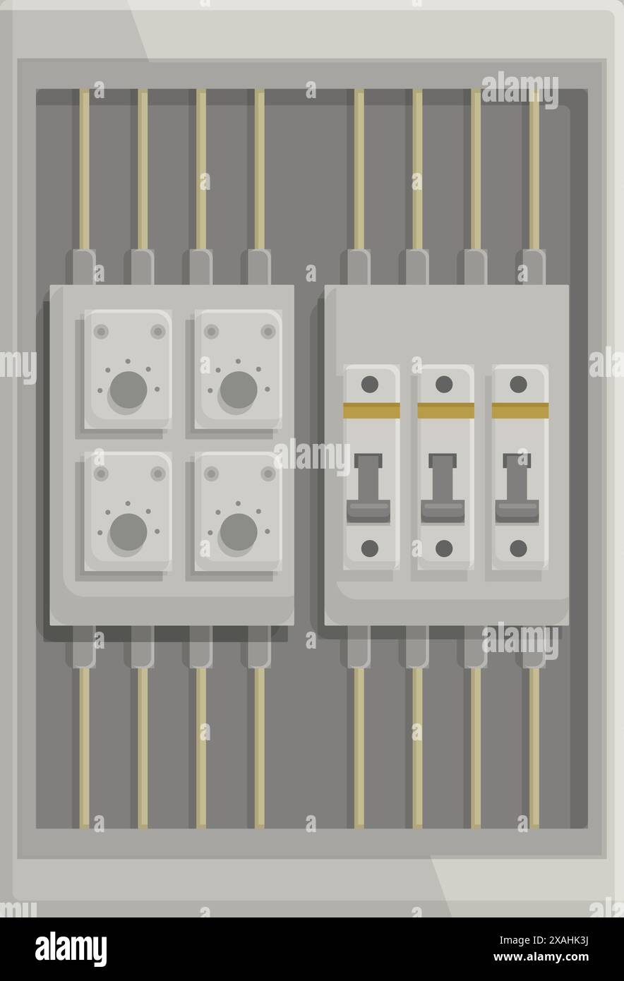 Gray electrical panel with circuit breakers and wires hanging from top ...
