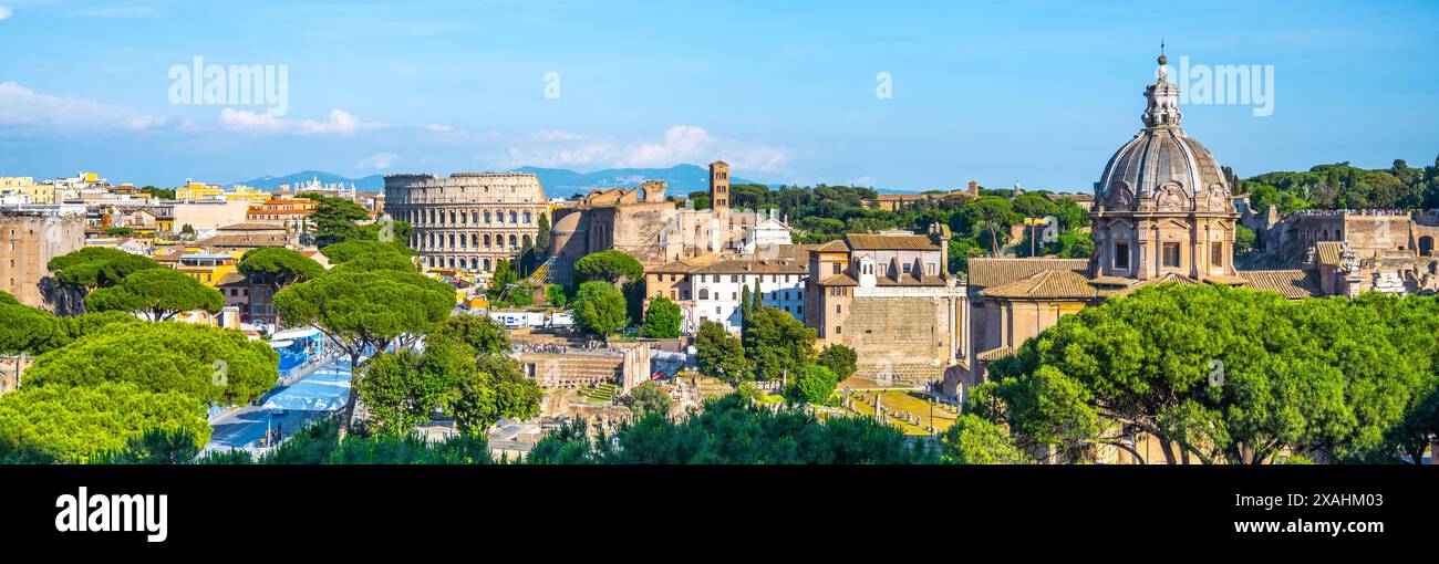 A panoramic view of the Roman Forum and Colosseum in Rome, Italy. The ...