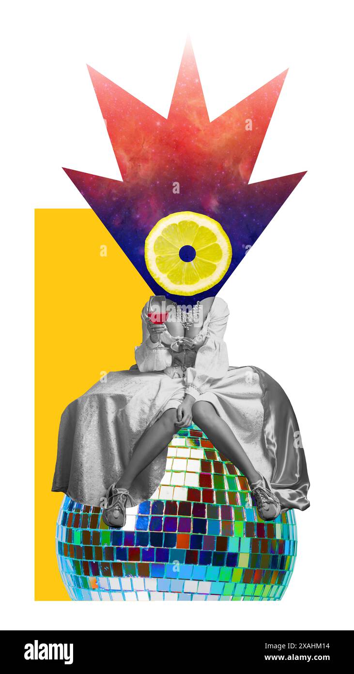 Contemporary art collage. Cosmic Disco Queen. Young woman in vintage ...