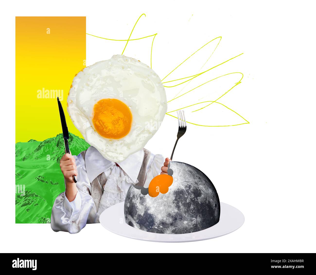 Contemporary art collage. Man with fried egg as head sits at table ...