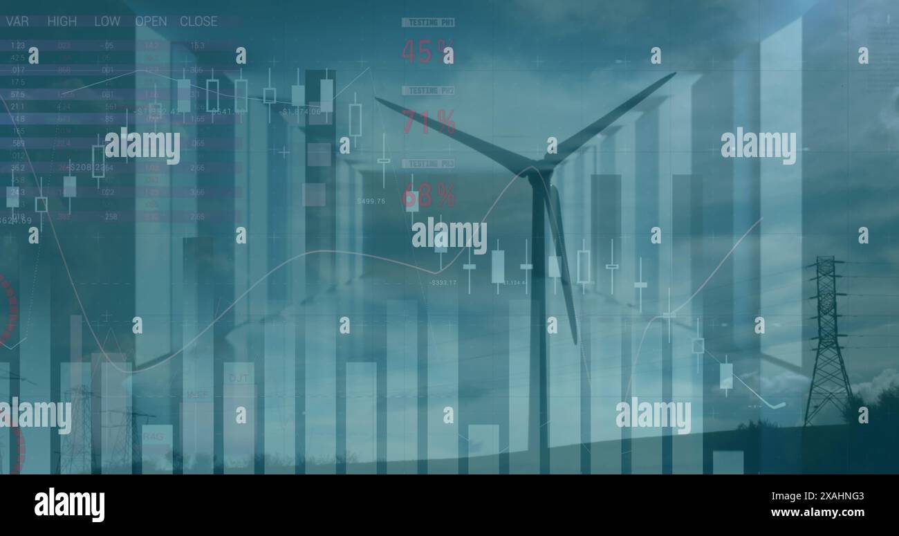 Image of graphs and financial data over wind turbine Stock Photo - Alamy