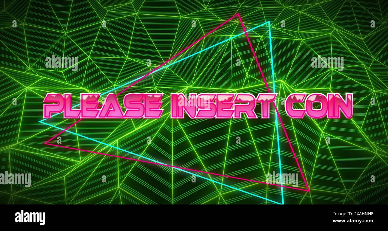 Image of please insert coin text over triangle over connected lines ...