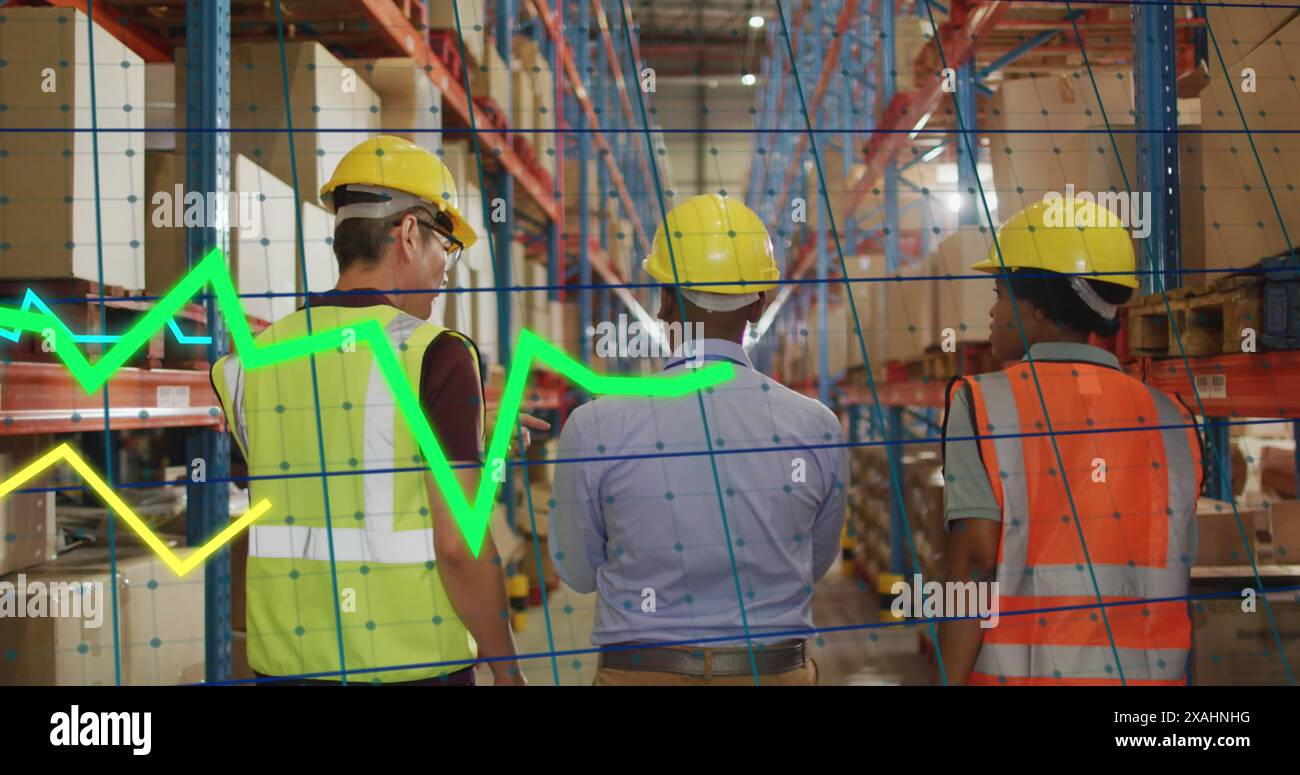 Image of financial data processing over diverse people working in ...