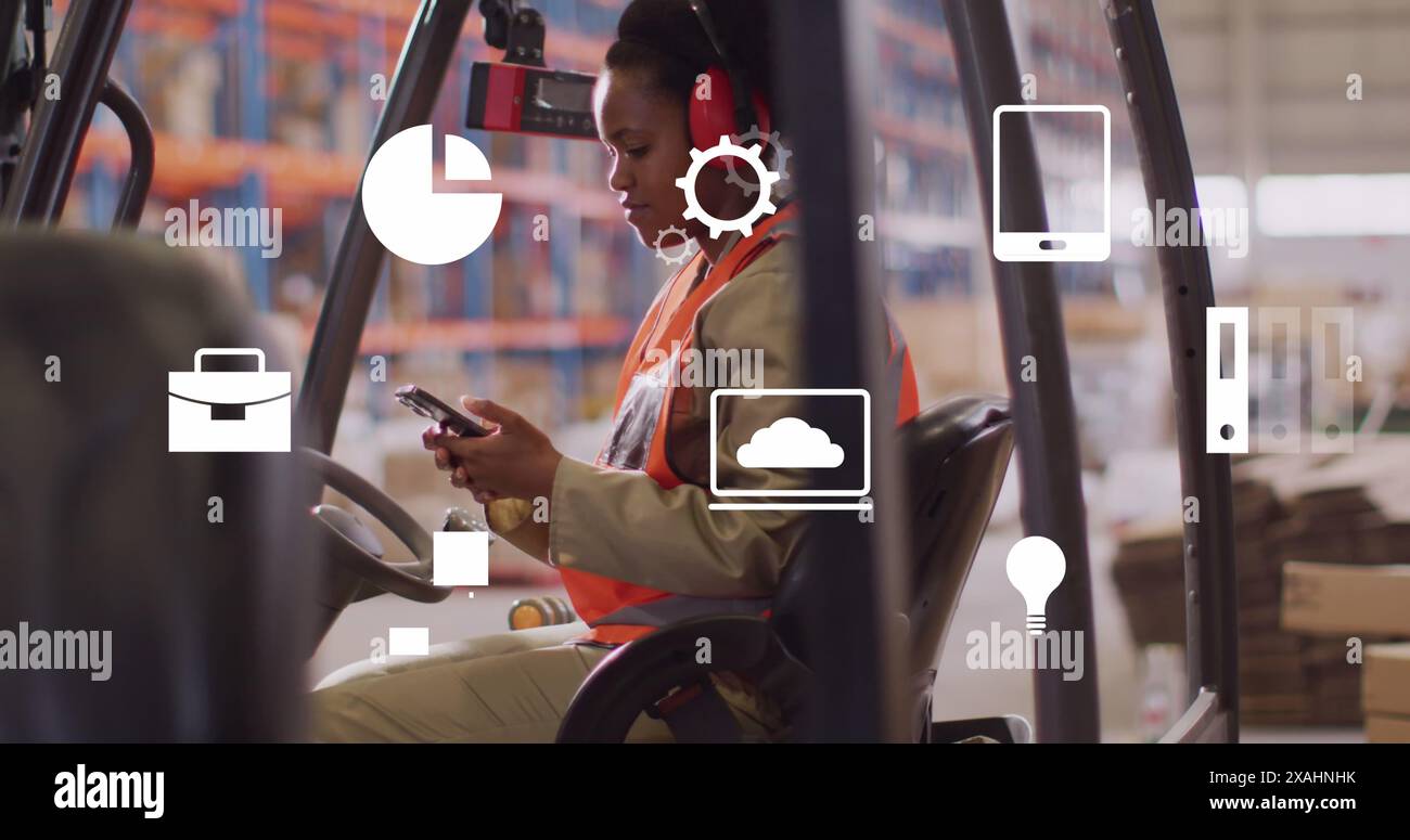 Image of media icons over african american female worker using ...