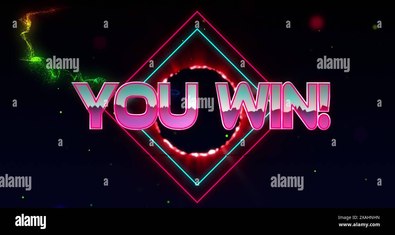 Image of you win text banner over colorful light trails and light spots ...