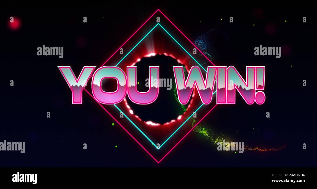 Image of you win text banner over colorful light trails and light spots ...