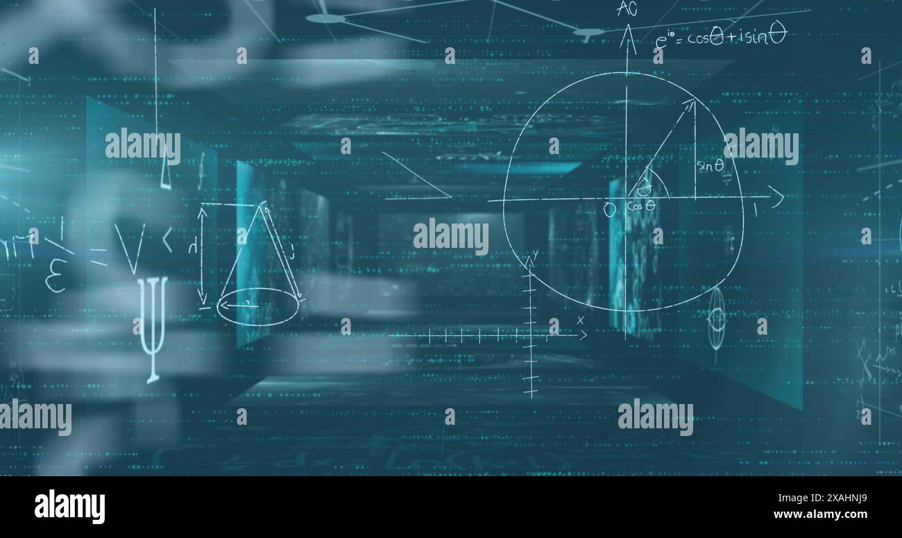 Image of mathematical equations floating over screens with data ...