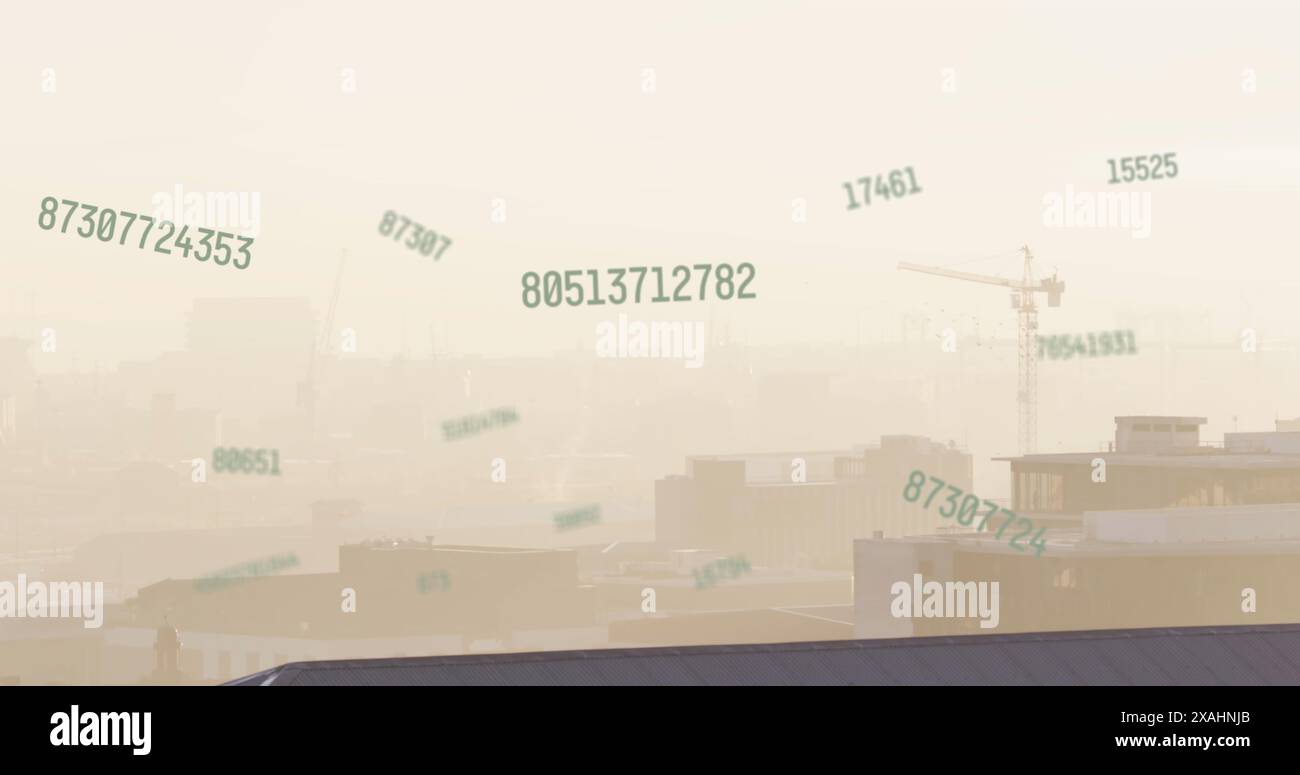 Image of multiple changing numbers floating against aerial view of ...