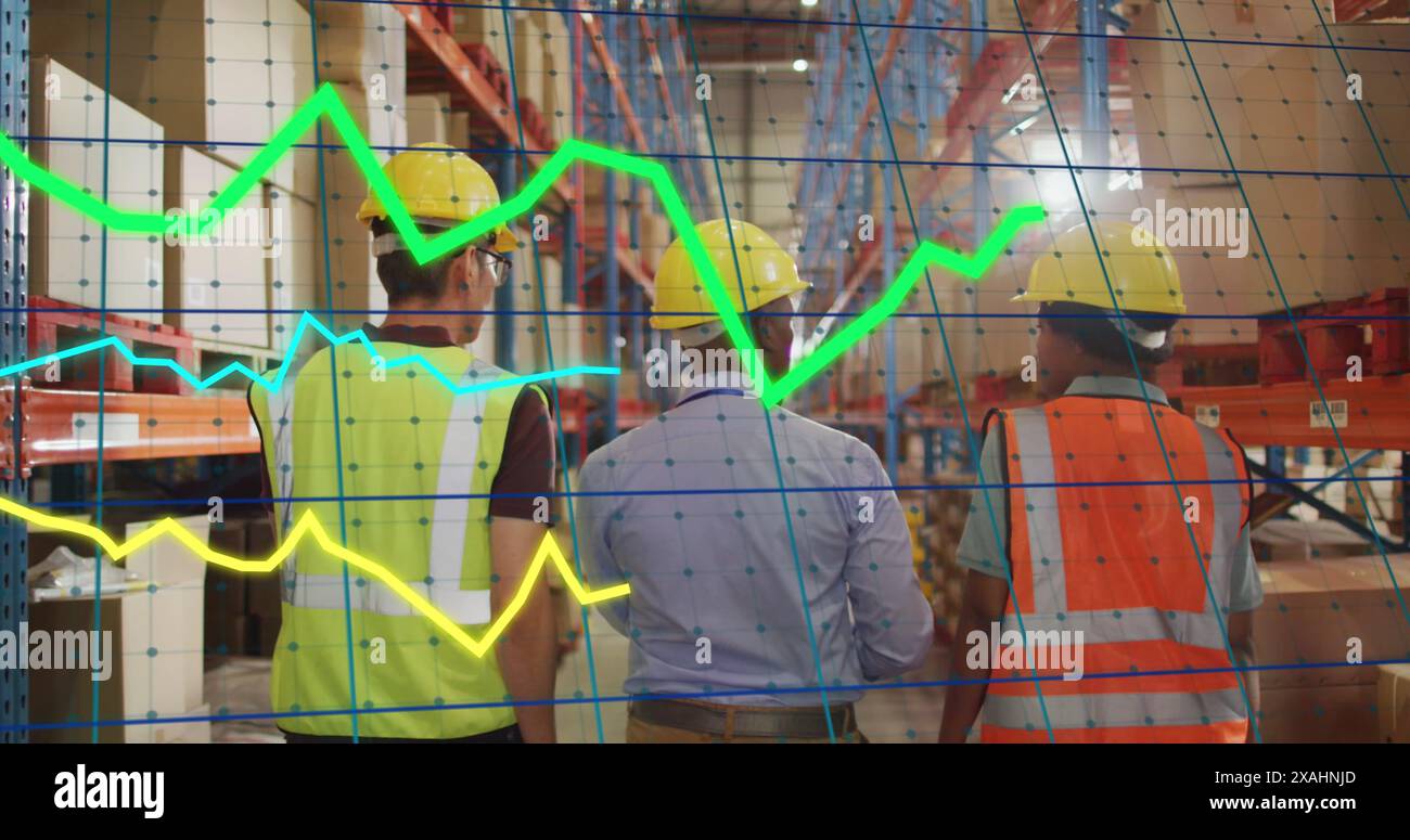Image of financial data processing over diverse people working in ...