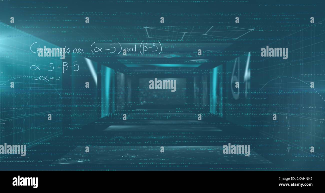 Image of mathematical equations floating over screens with data ...