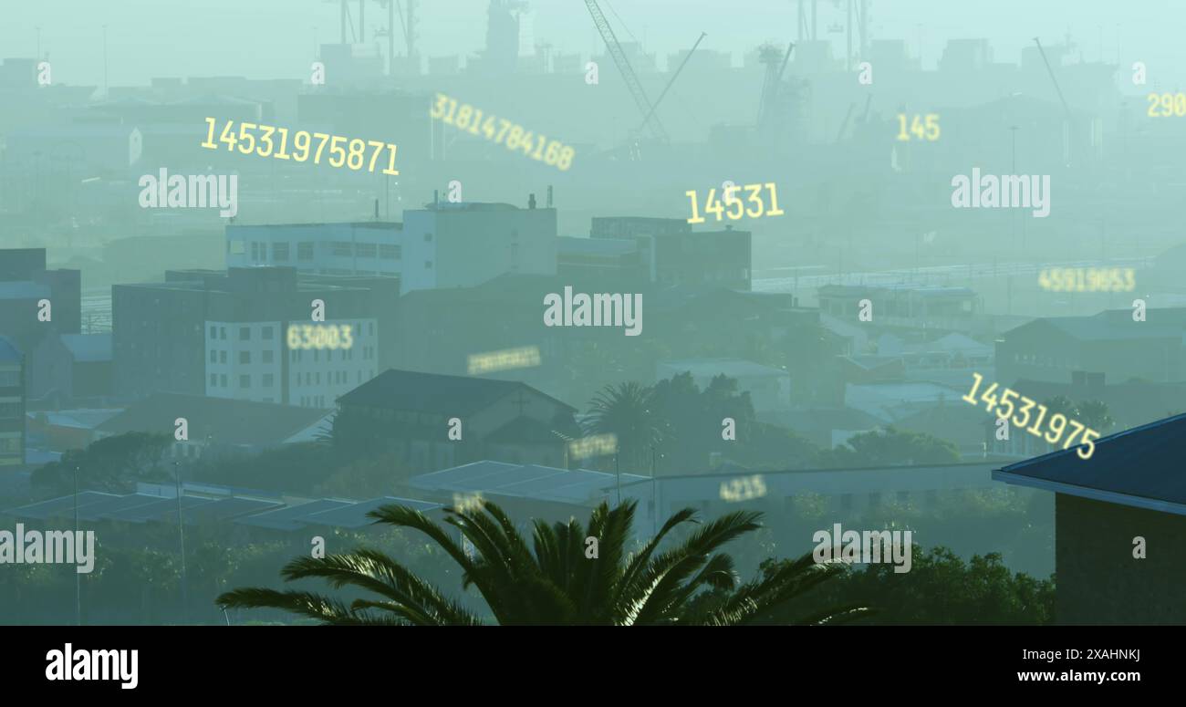 Image of multiple changing numbers against aerial view of cityscape ...
