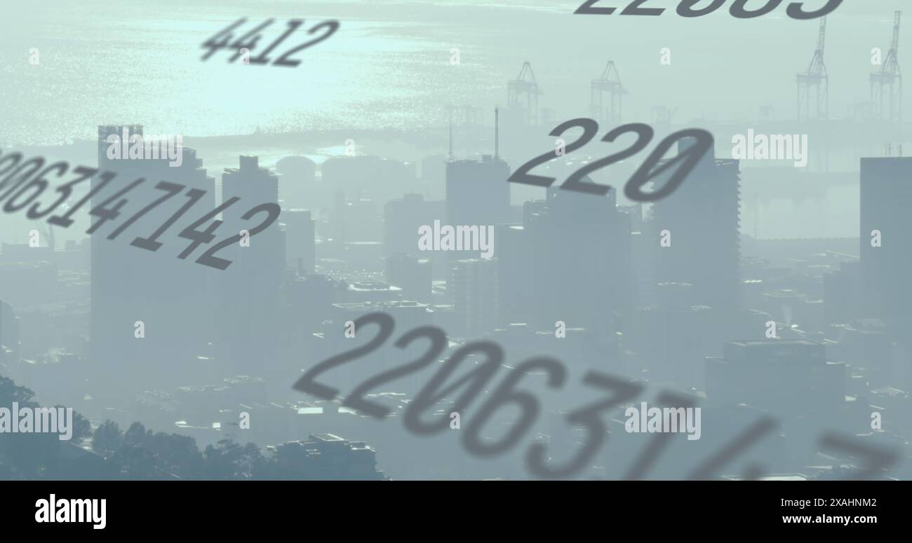 Image of multiple changing numbers against aerial view of cityscape ...