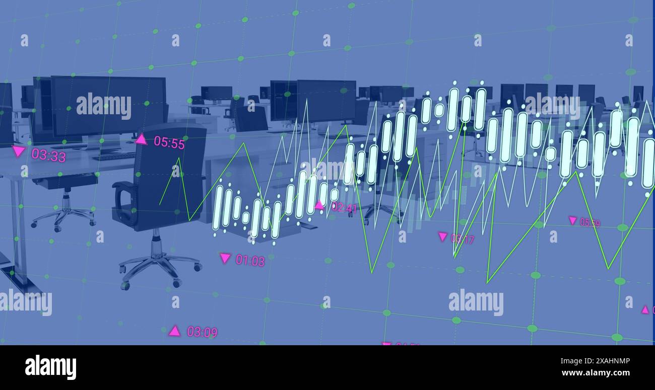 Image of data processing over grid network against empty office, copy space Stock Photo - Alamy