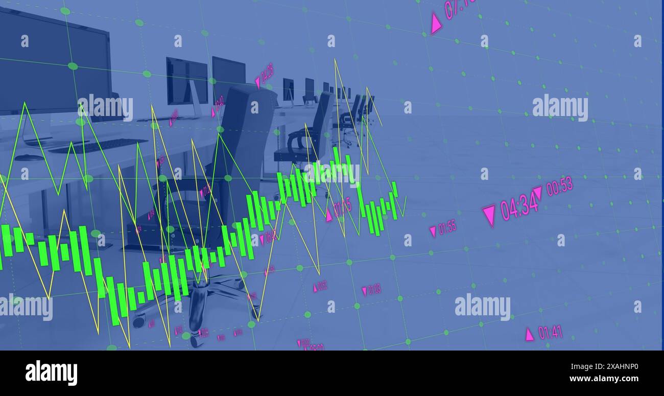 Empty office with computer monitors and stock market graphs overlay ...
