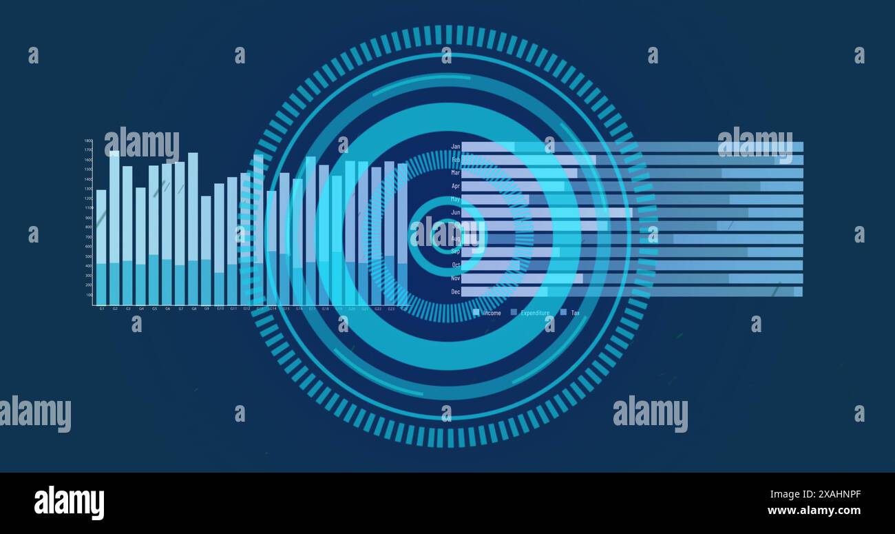 Image of round scanner spining over statistical data processing against blue background Stock ...