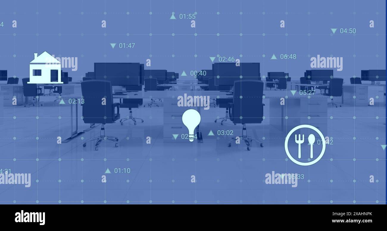 Image of digital icons and data processing over grid network against empty office Stock Photo ...