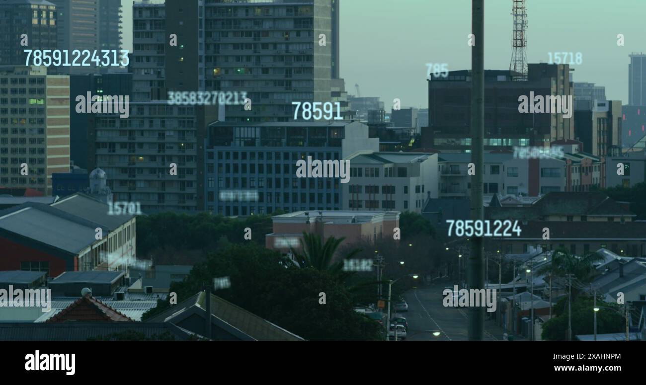 Image of multiple changing numbers against aerial view of cityscape ...