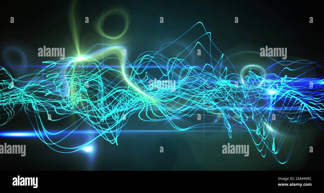 Image of start text banner over blue glowing digital wave and light ...