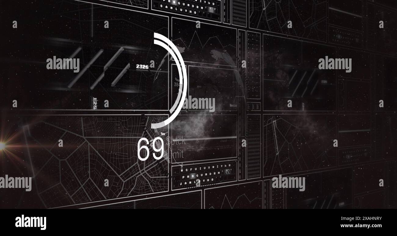 Image of light spot over interface with data processing against ...