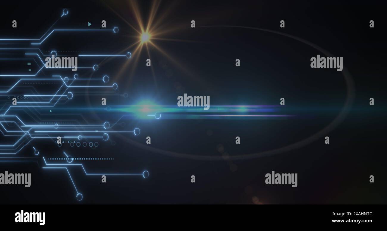 Image of microprocessor connections and lens flare against black ...