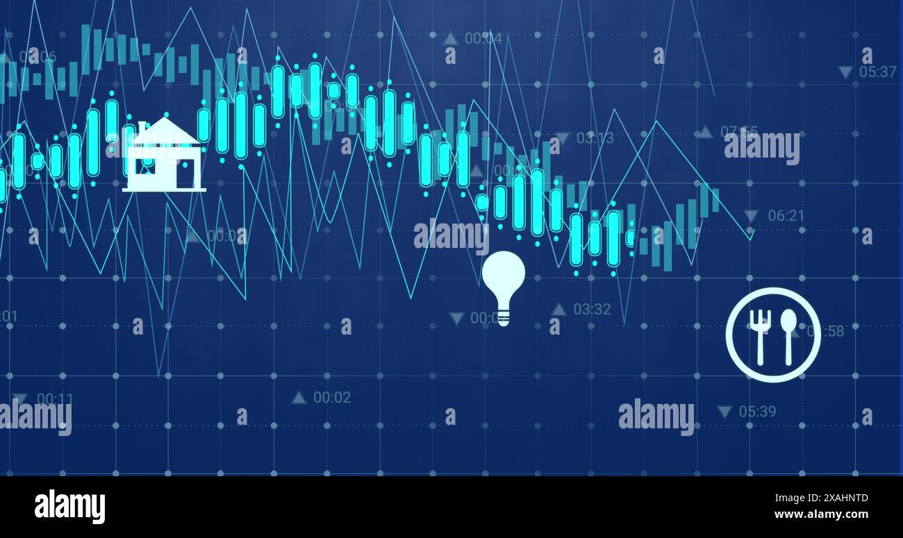 Image of digital icons and data processing over grid network against blue background, copy space ...