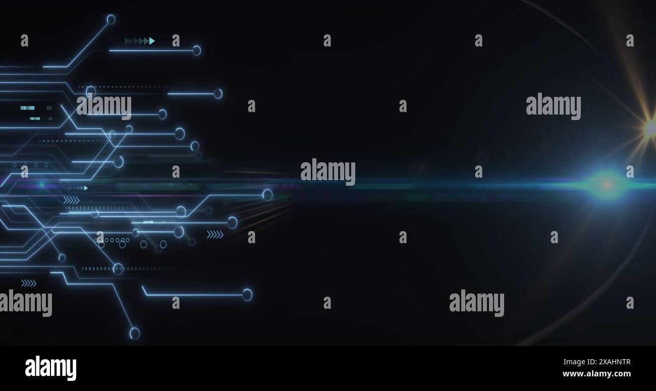Image of microprocessor connections and lens flare against black ...