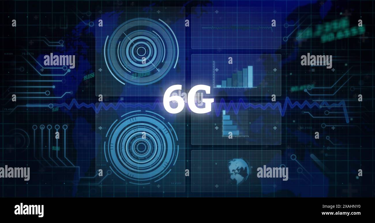 Image of 6g text banner over data processing and microprocessor connections against world map ...