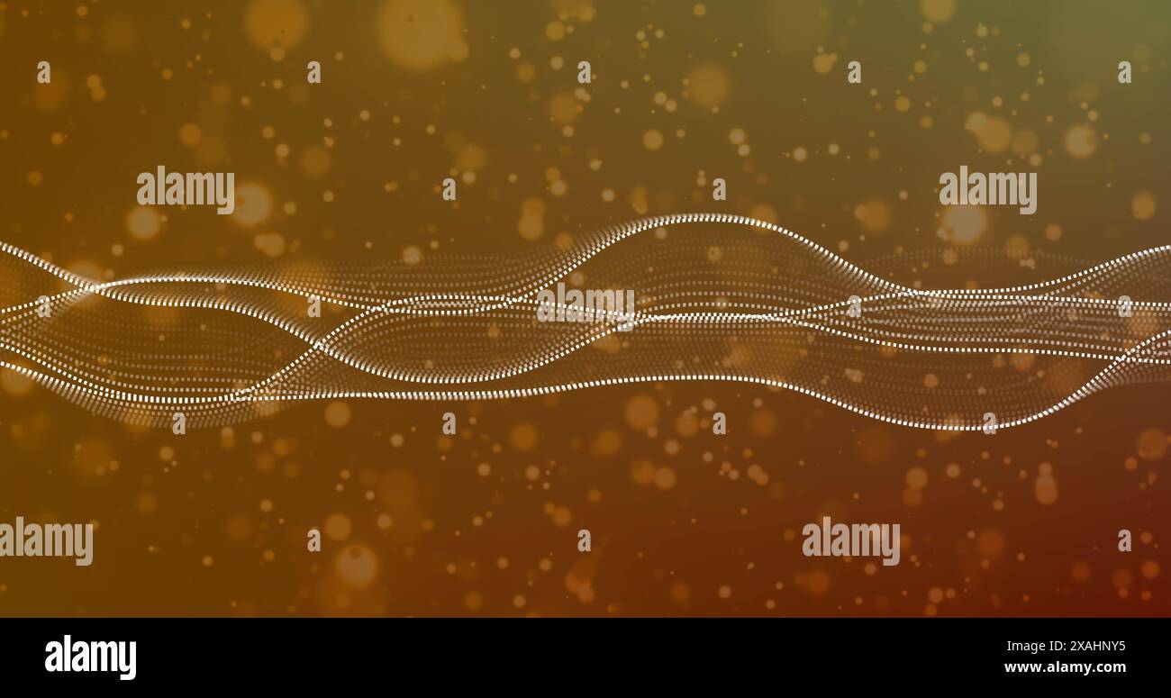 Image of digital wave and spots floating against yellow gradient ...