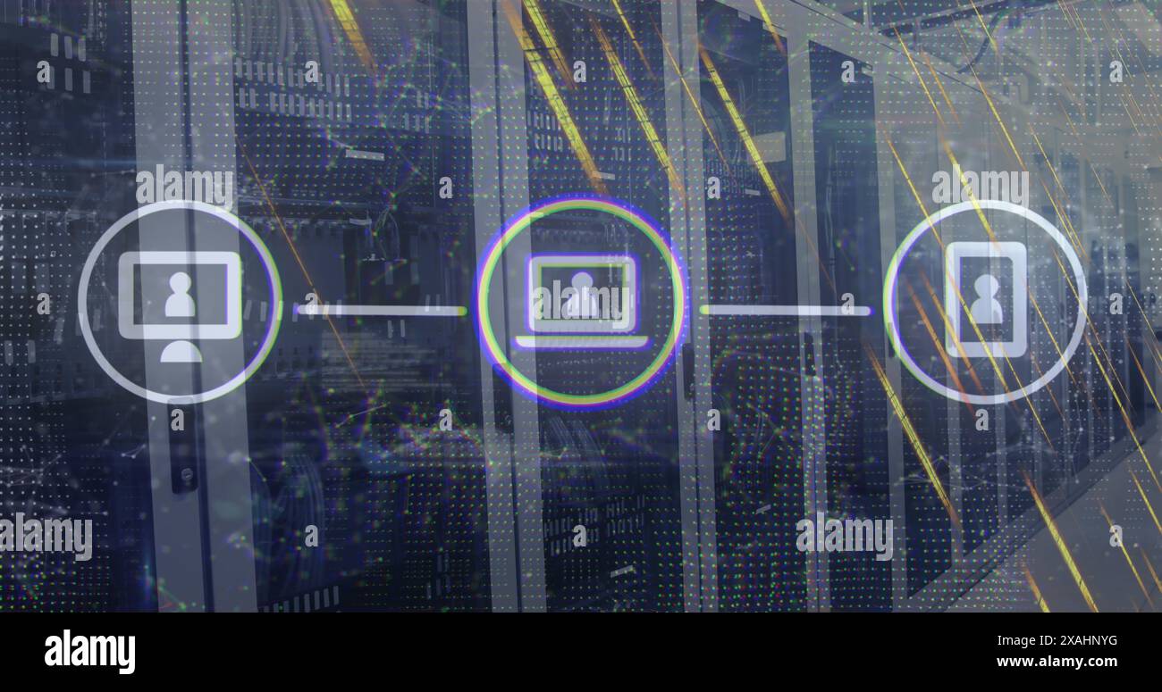 Image of icons connected with lines over falling abstract patterns ...