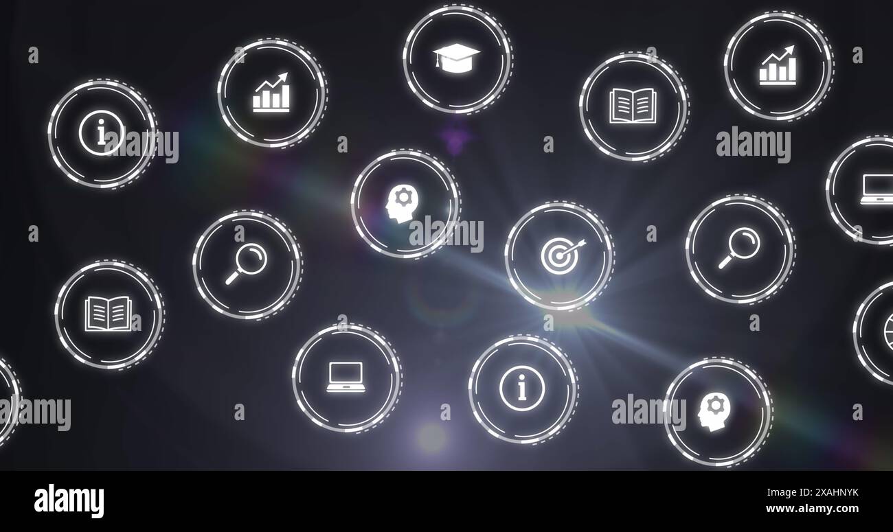 Image of multiple digital icons over rainbow lens flare against purple ...