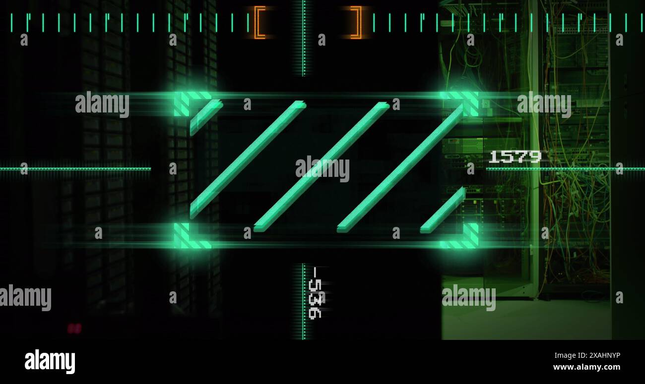 Image of lines in viewfinder with changing numbers over illuminated server rack in server room ...