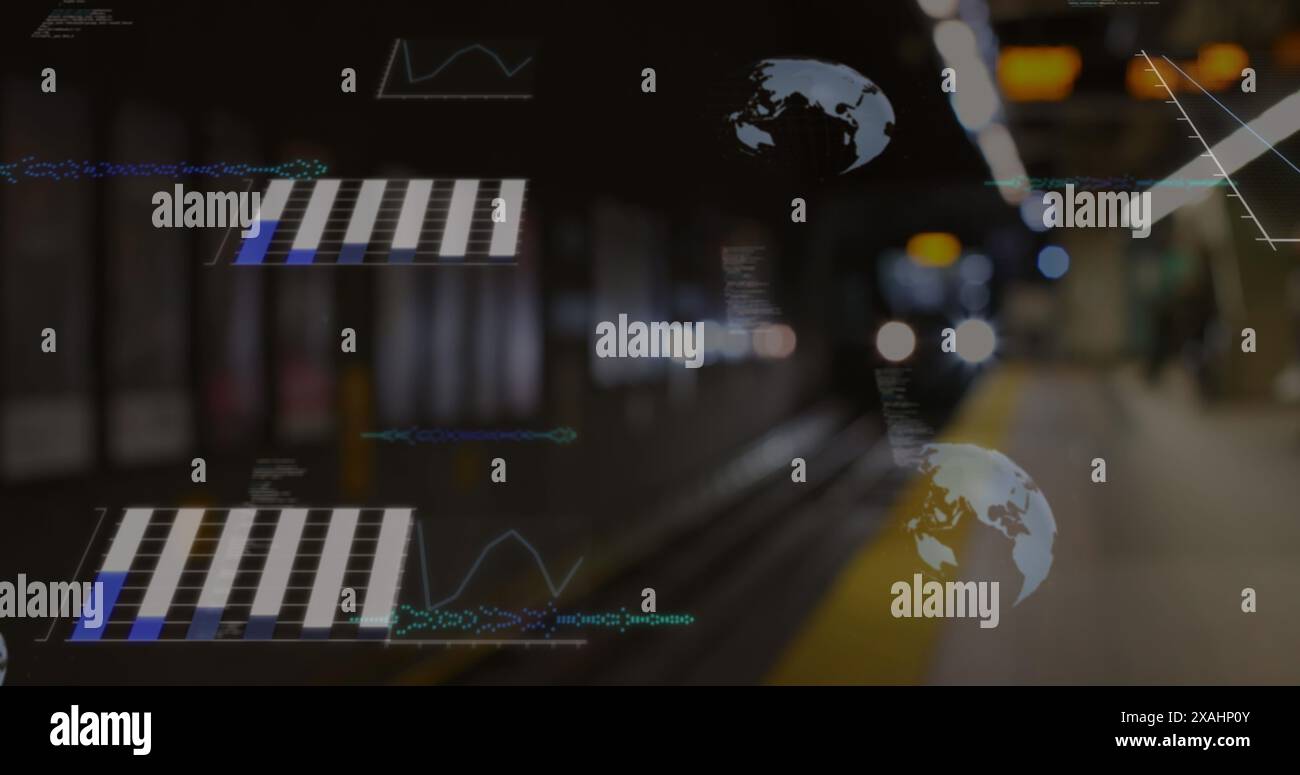 Image of globes and data processing over train at platform, copy space ...
