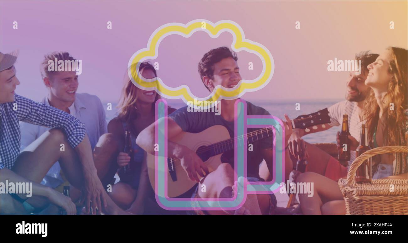 Image of beer icon over diverse group of friends drinking beer and ...