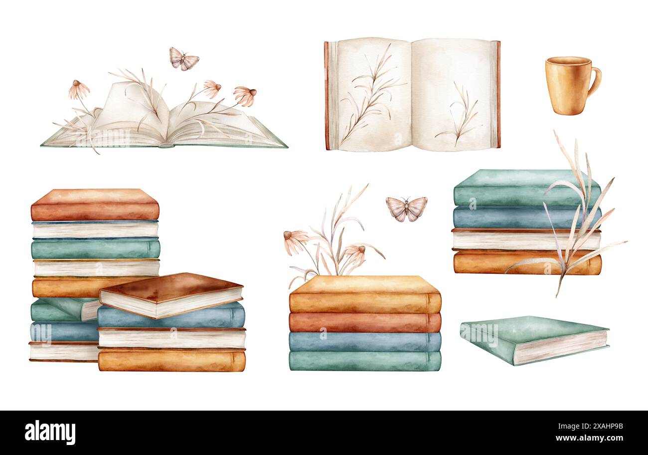 Set of open book and stack books with plants and butterfly. Watercolor ...