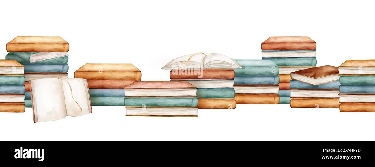 Seamless border of books. watercolor illustration isolated on ...