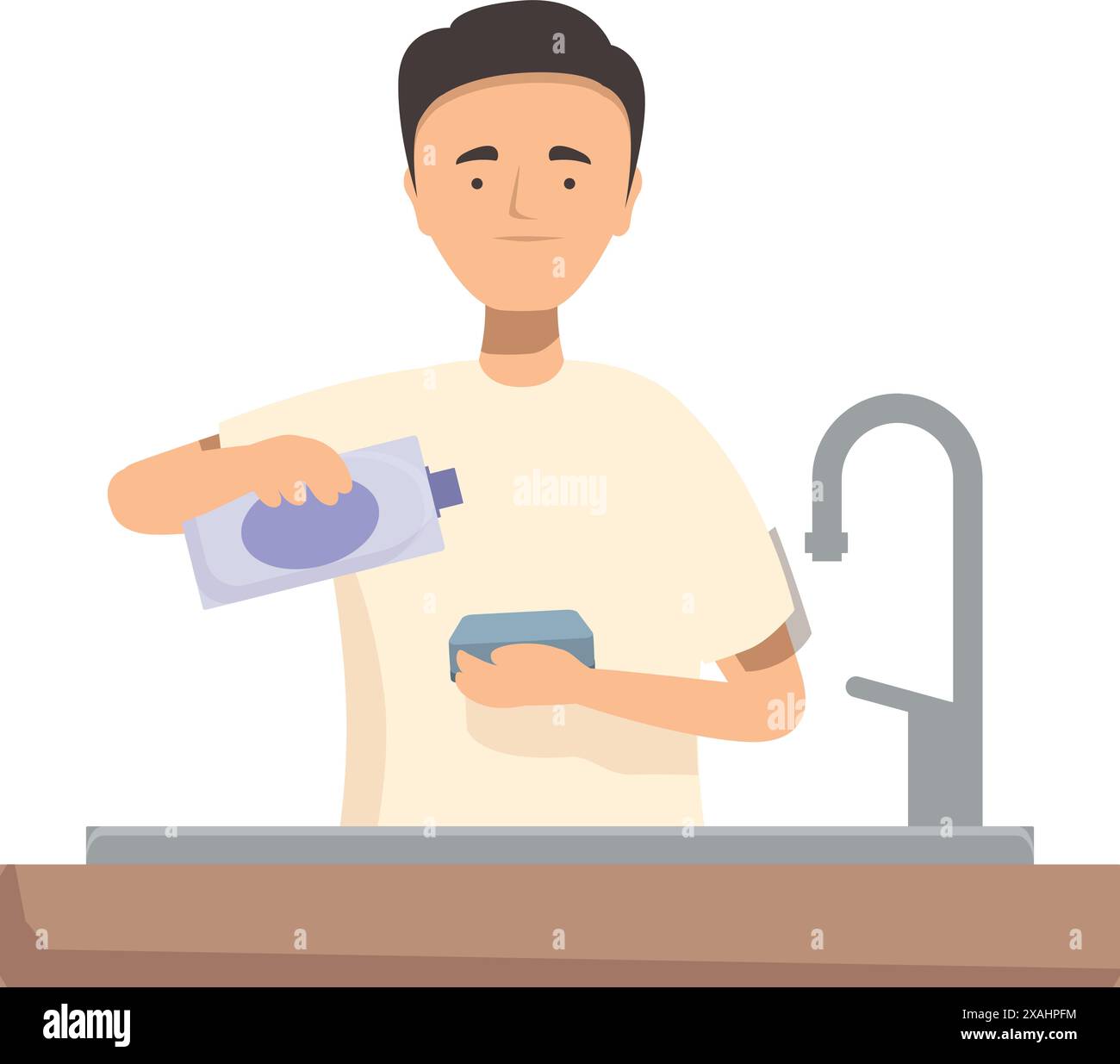 Man is washing dishes, pouring detergent on a sponge in a kitchen sink ...