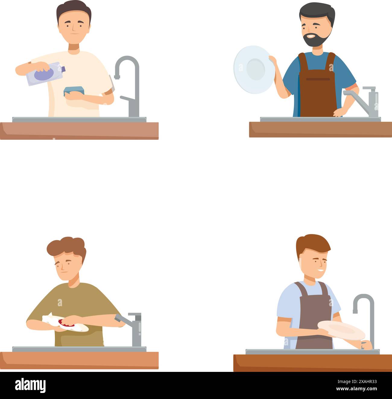 Set of illustrations with men cooking, washing dishes, and doing ...