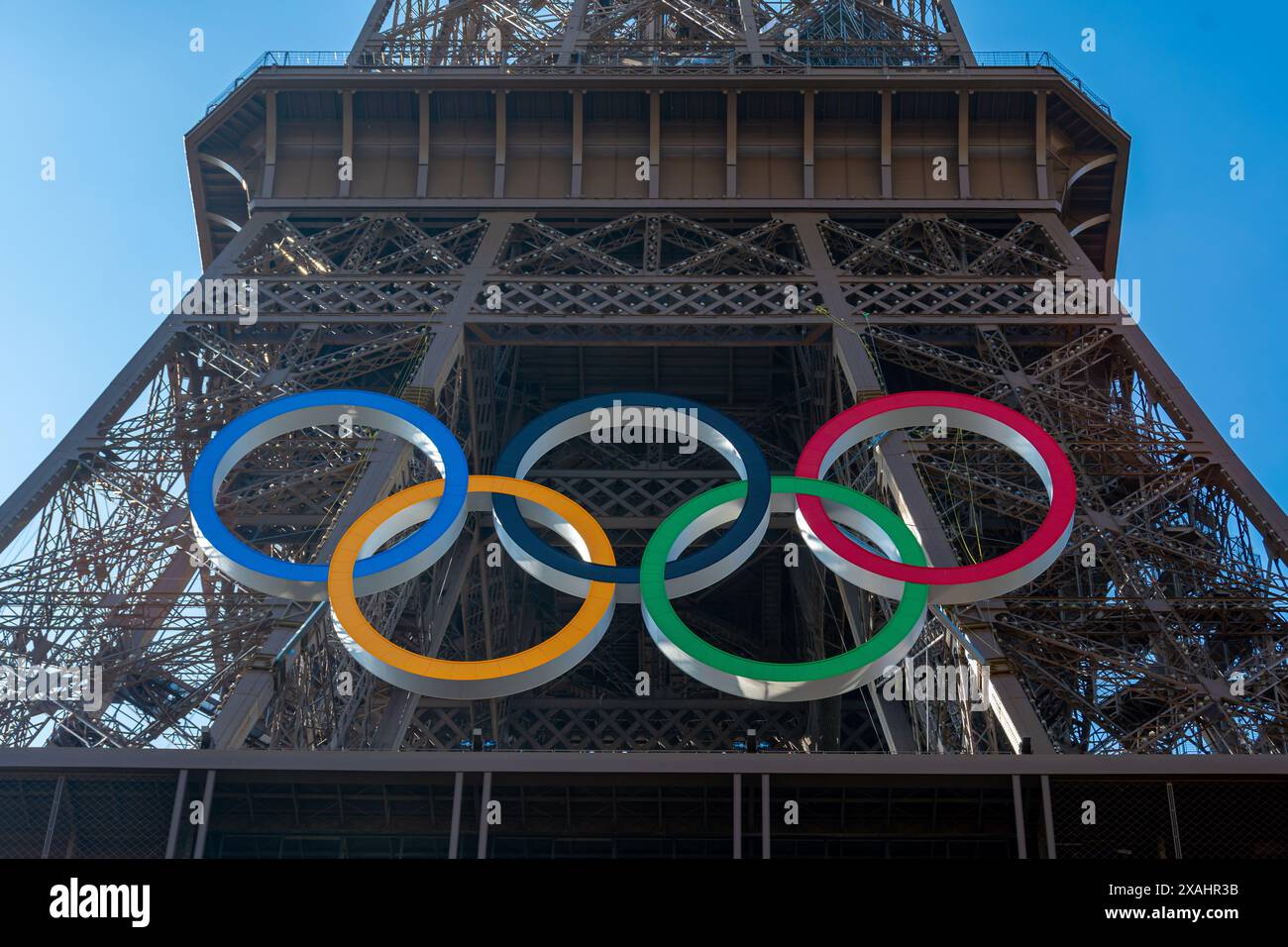 Olympic rings on the Eiffel Tower, famous monument symbol of Paris ...