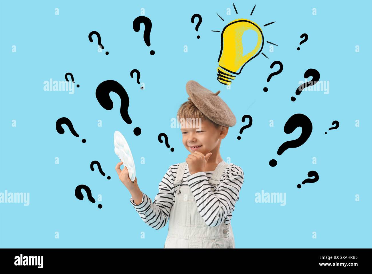 Thoughtful little artist, drawn light bulb and question marks on blue ...