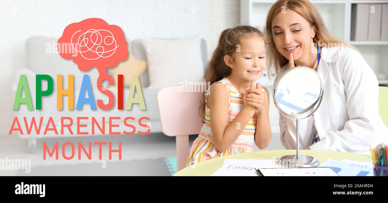 Banner for Aphasia Awareness Month with therapist working with little ...