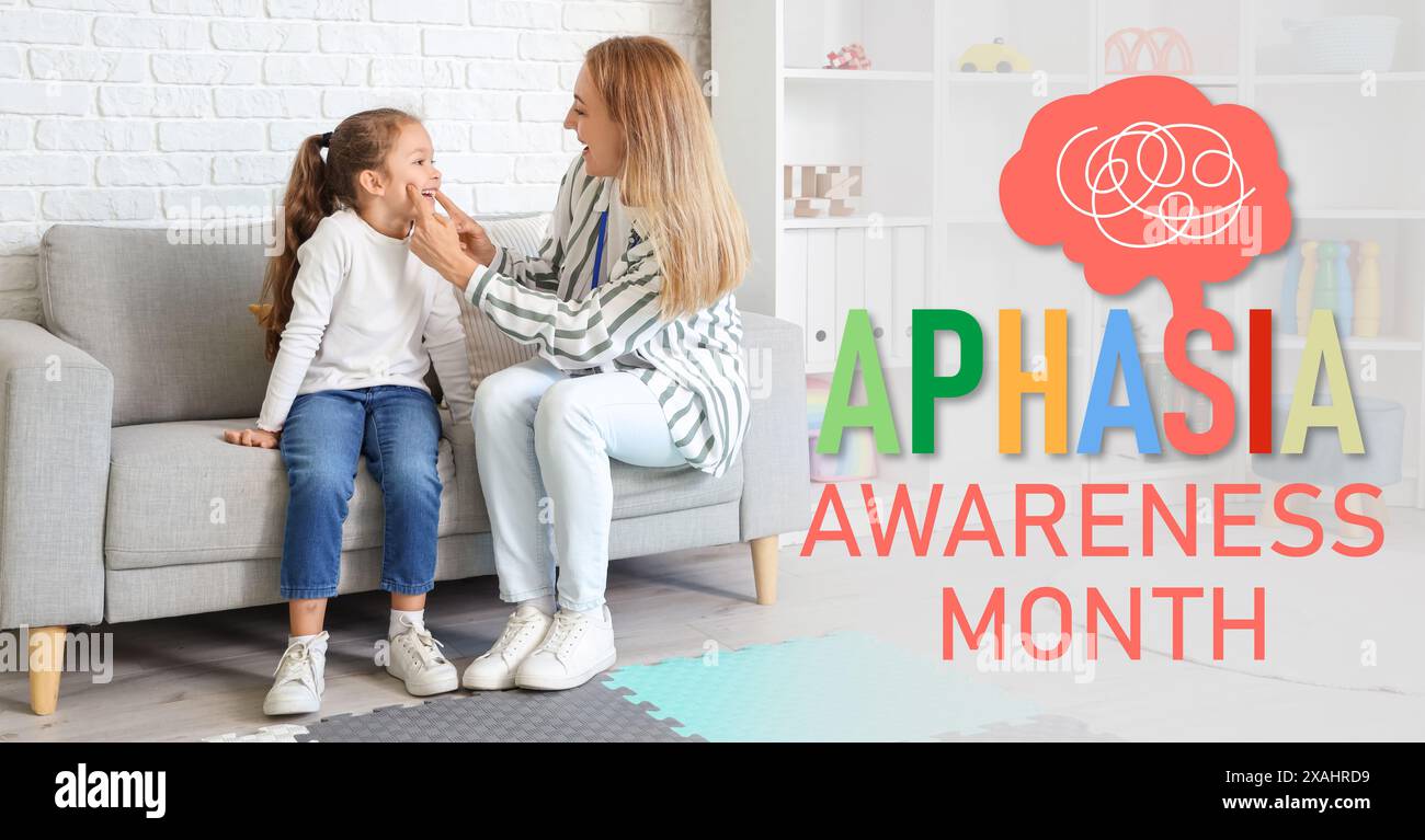 Banner for Aphasia Awareness Month with therapist working with little ...