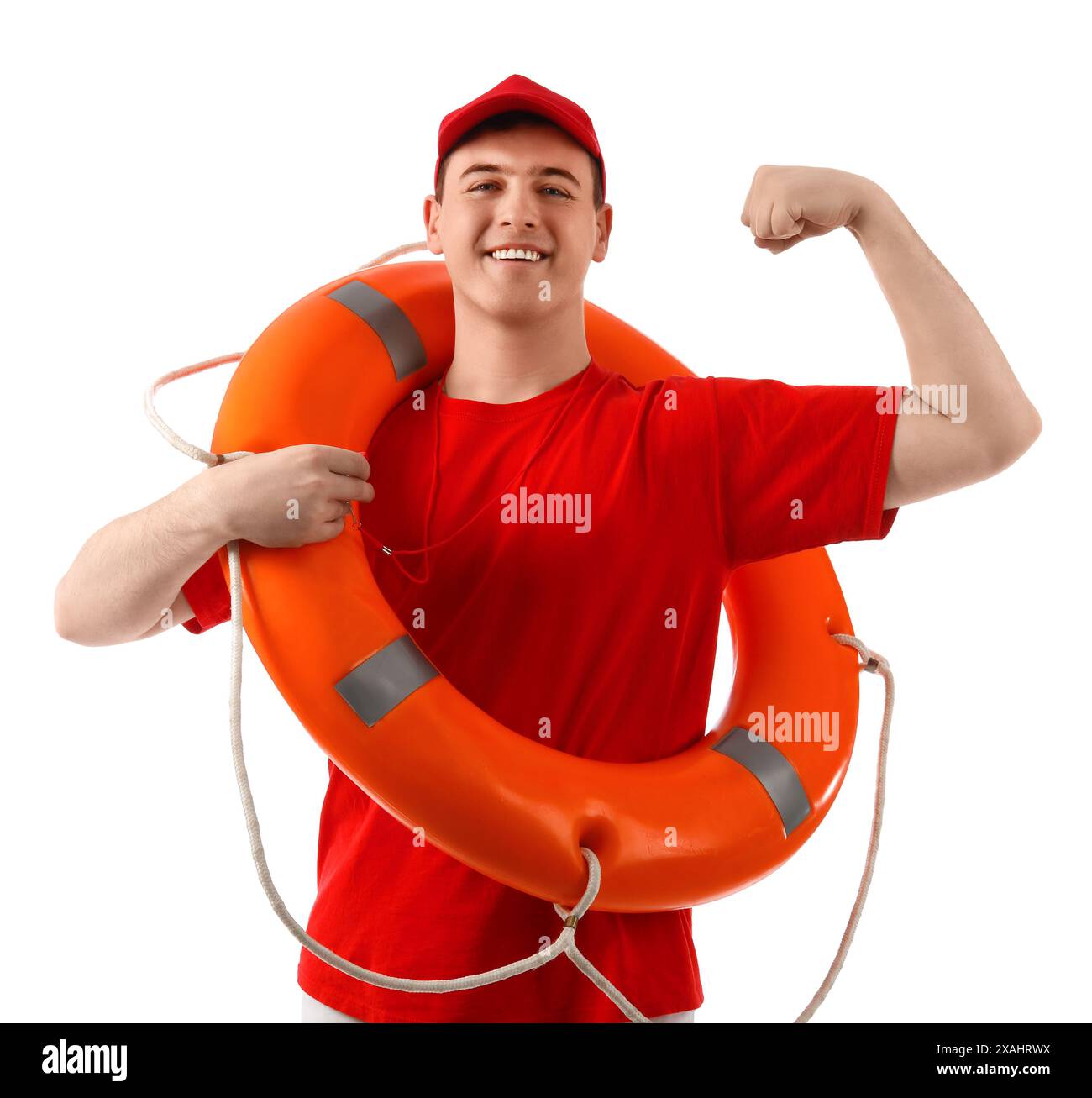 Male lifeguard with ring buoy and whistle showing muscles on white ...